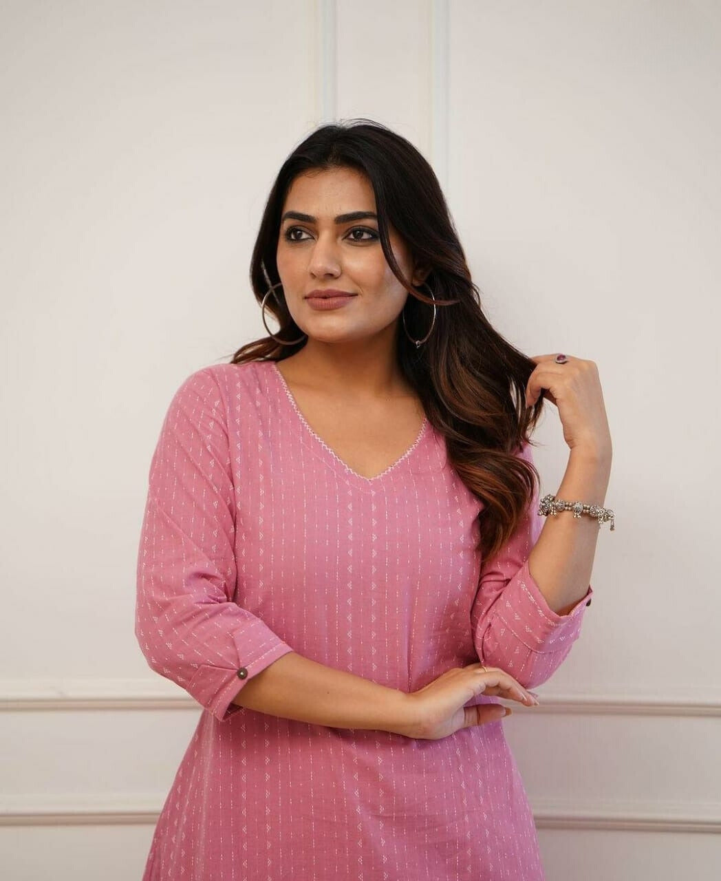 Dusty Pink Katha Cotton Kurta and Cotton Pant Set